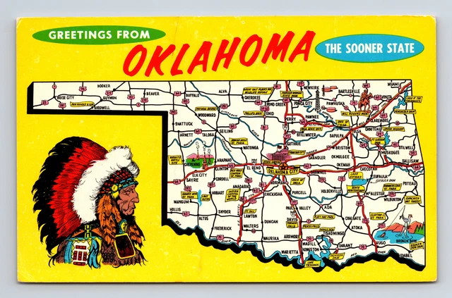 PICTORIAL MAP INDIAN Chief Sooner State Greetings Oklahoma OK Postcard ...