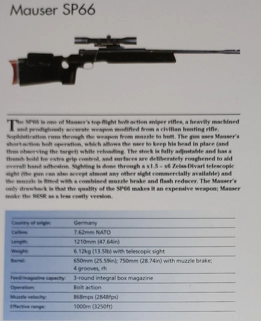 MAUSER SP66 SNIPER Rifle Gun Picture Out of Print Spec Sheet Display ...