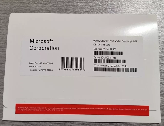 MICROSOFT WINDOWS SERVER 2022 datacenter 64Bit 48 Core License Key DVD ...