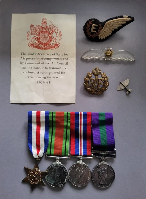 WW2 RAF MEDALS & ER2 Cyprus GSM Brevet & Cap Badge Royal Air Force Sgt ...