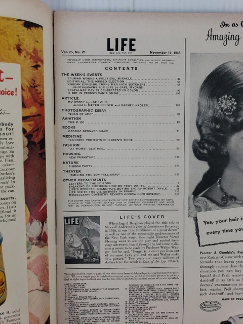 LIFE MAGAZINE NOVEMBER 15, 1948; Ingrid Bergman Joan of Arc, Truman ...