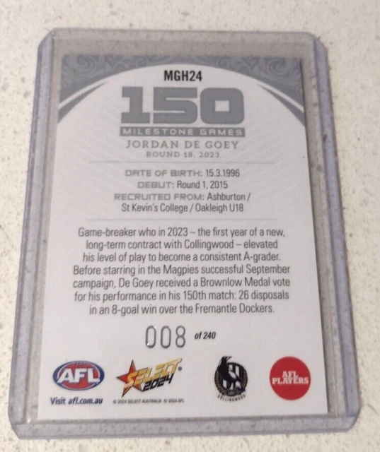 2024 FOOTY STARS Jordan De Goey Milestone Games Hobby 008/240 MGH24 Low 🔥🔥🔥 $39.95 - PicClick AU