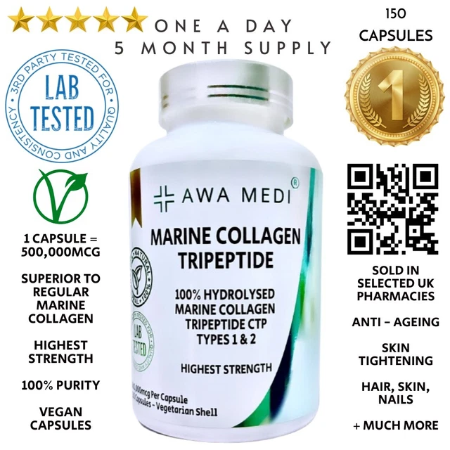 MARINE COLLAGEN CAPSULES 150 x 500,000MCG HYDROLYSED TRIPEPTIDE TYPE 1 & 2 UK#1 £12.99 - PicClick UK