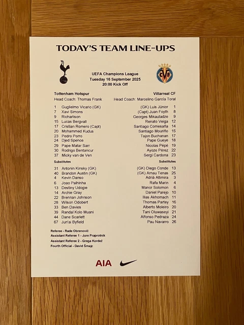 TOTTENHAM HOTSPUR 2025-2026 Season Home Club Double-Sided Colour Team ...