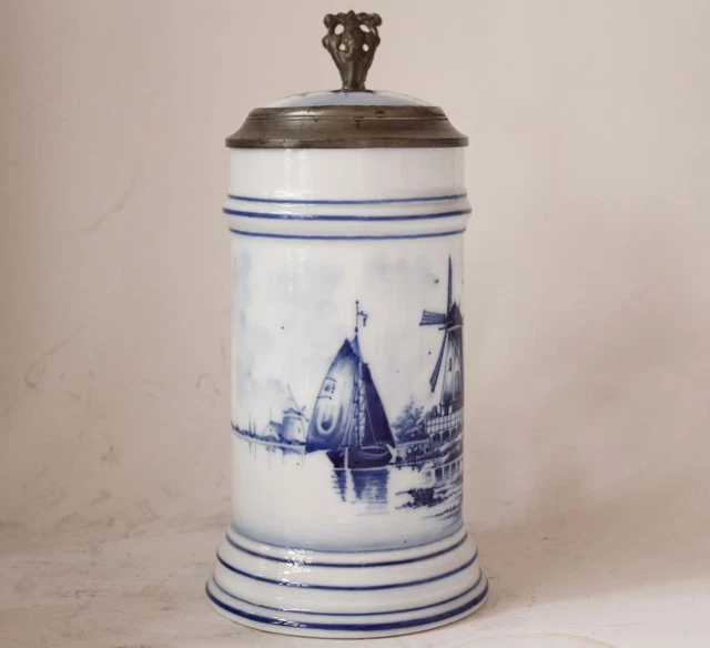 ANTIQUE BLUE/WHITE DELFT Style Porcelain Beer Stein w/Lithophane Swaine ...