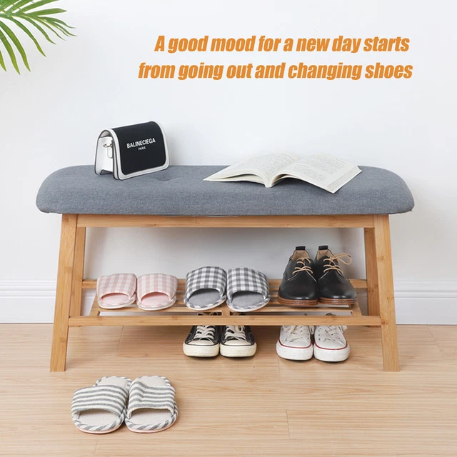 SHOE BENCH SMALL Entryway Storage Rack Natural Bamboo Cushion Seat ...