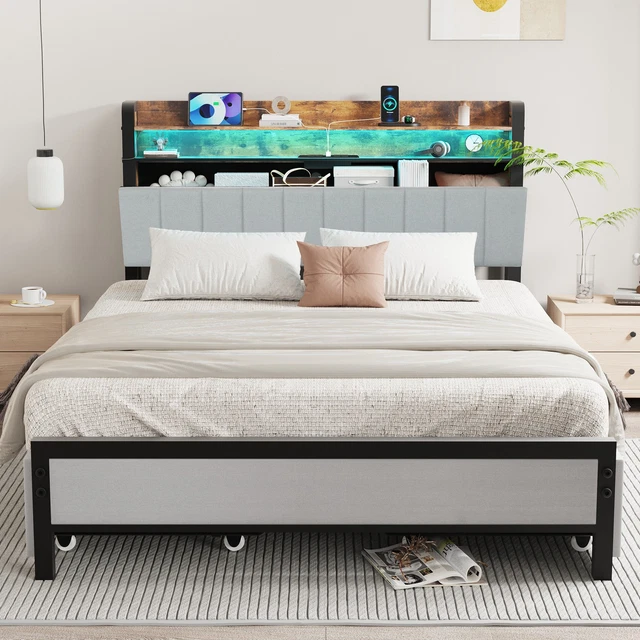 DOUBLE SIZE BED Frame Metal Bed Platform LED Lights Headboard & Storage ...