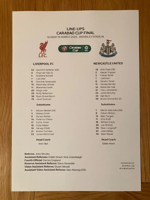 LIVERPOOL V NEWCASTLE United Carabao Cup Final 16 March 25 A4 Colour ...