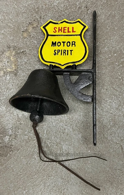 SHELL MOTOR SPIRIT Oil Cast Iron Flange Sign with Bell, 13” x 8”, 5.5 ...