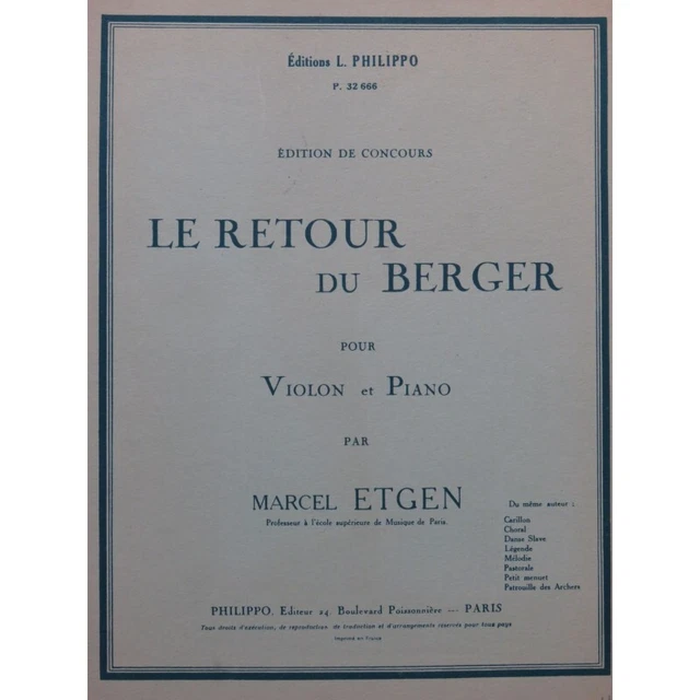 ETGEN MARCEL LE retour du Berger Violon Piano EUR 18,20 - PicClick FR