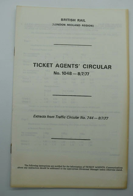 BRITISH RAIL (LM Region) Ticket Agents' Circular No 1048 8/7/77 EUR 6 ...