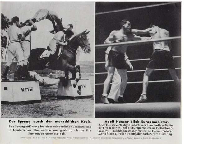 PRESSEFOTO 1938: SPRUNGAKROBATIK Reiten / Adolf Heuser Boxen EM ...