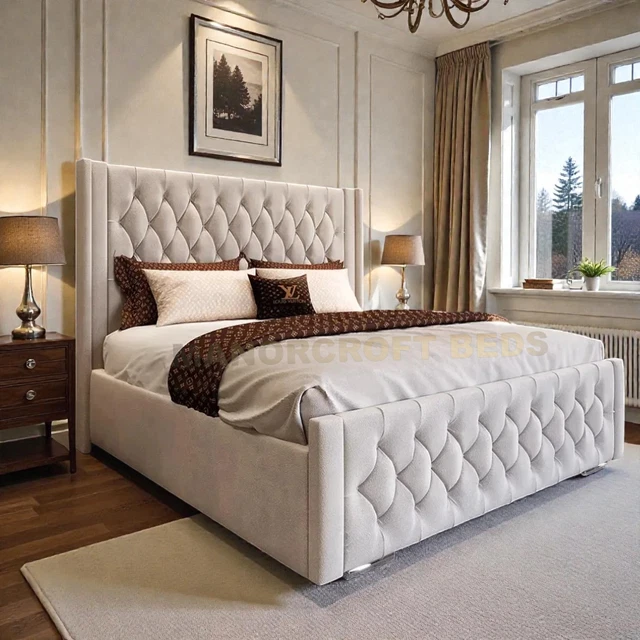 UPHOLSTERED OTTOMAN GAS Lift Bed Frame Winged Plush Velvet – Double ...