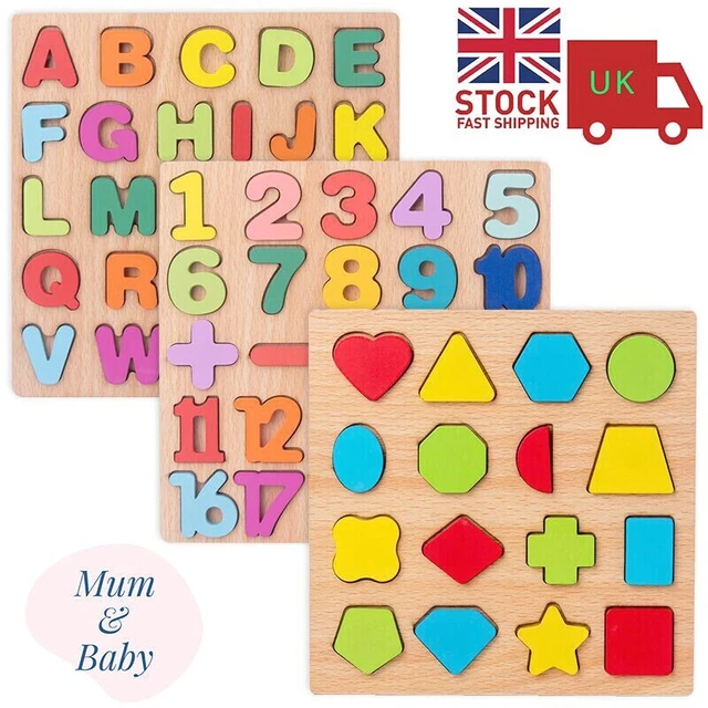 ABC NUMBER SHAPE Puzzle Colourful Wooden Stocking Filler Kids Toy ...