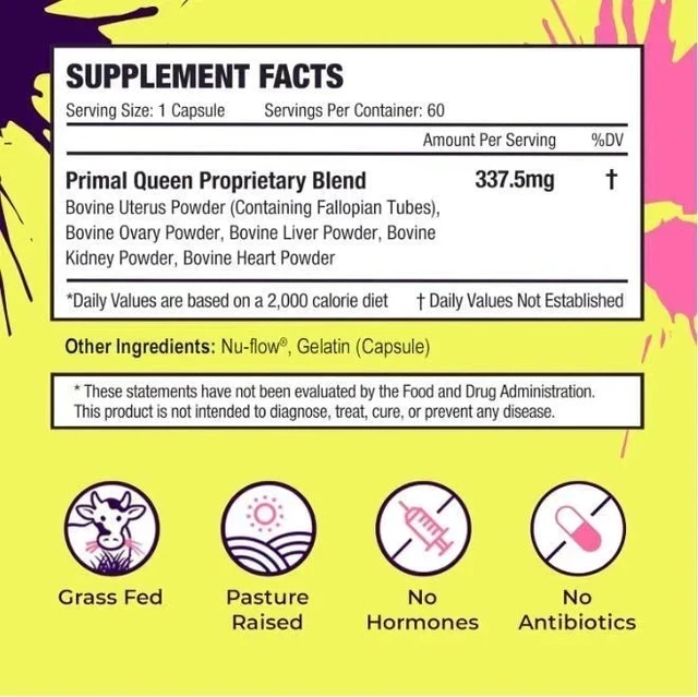 1-5X PRIMAL QUEEN Grass-fed Beef Organ Supplement for Women 60-Capsules ...