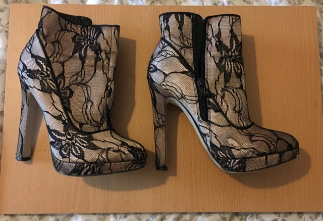 MISS KG M ladies cream/ black lacey high heel ankle platform boots size ...