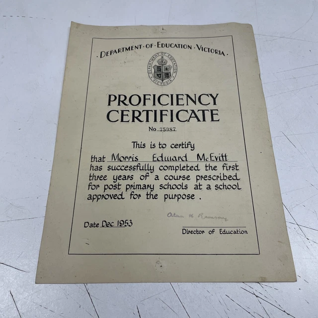 ORIGINAL VINTAGE PROFICIENCY Certificate Victoria School Education 1953 ...