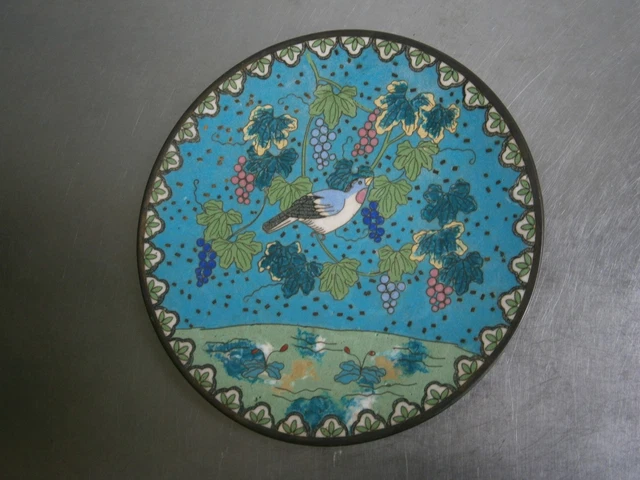 PLATE ENAMEL PARTITIONED Bronze Art Asia End 19th S Pattern Bird Grape ...
