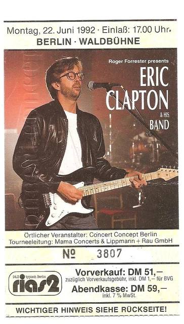 ERIC CLAPTON IN Concert 1992 Berlin Waldbühne Ticket/Konzertkarte ...