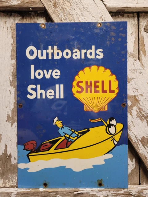 VINTAGE SHELL PORCELAIN Sign Outboard Boat Motor Oil Gas Station ...