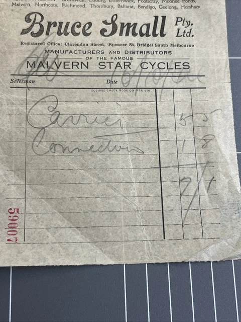 ORIGINAL RECEIPT MALVERN Star Cycles Bruce Small Bicycle Elizabeth St ...