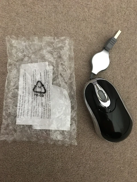 USB MINI COMPACT Travel Optical Mouse Retractable Cord black and silver ...