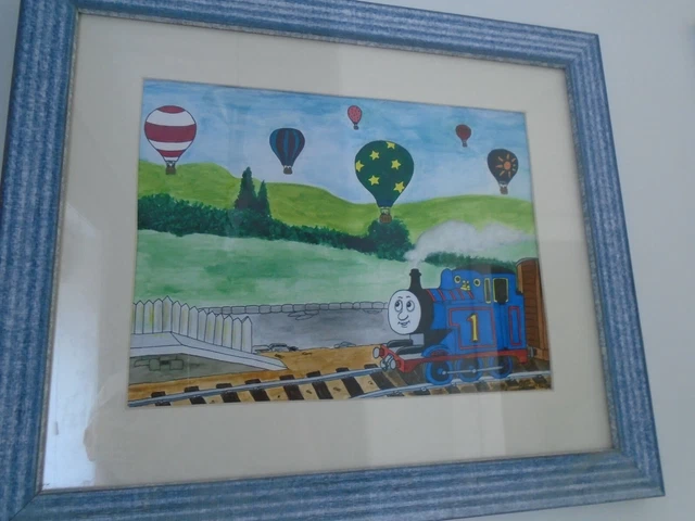 ORIGINAL WATERCOLOUR PAINTING of Thomas the tank engine in blue frame ...