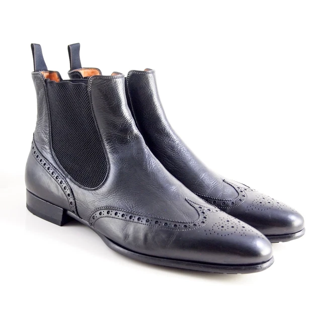 SANTONI CHELSEA BOOTS 43.5 US 10.5 Mens Black Leather Wingtip Medallion ...
