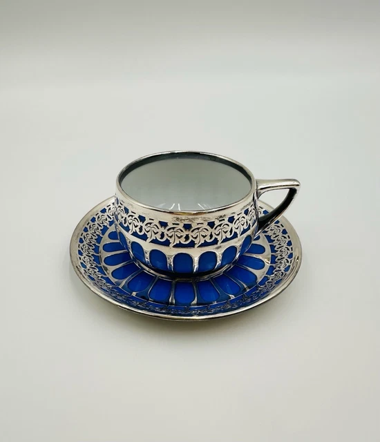 ROSENTHAL SELB BAVARIA Porcelain China Blue Demitasse Cup Saucer Silver ...