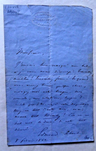 LE ROMAN D'UN Brave Homme + Lettre Autographe daté et signé Auteur Edmond ABOUT EUR 50,00 ...
