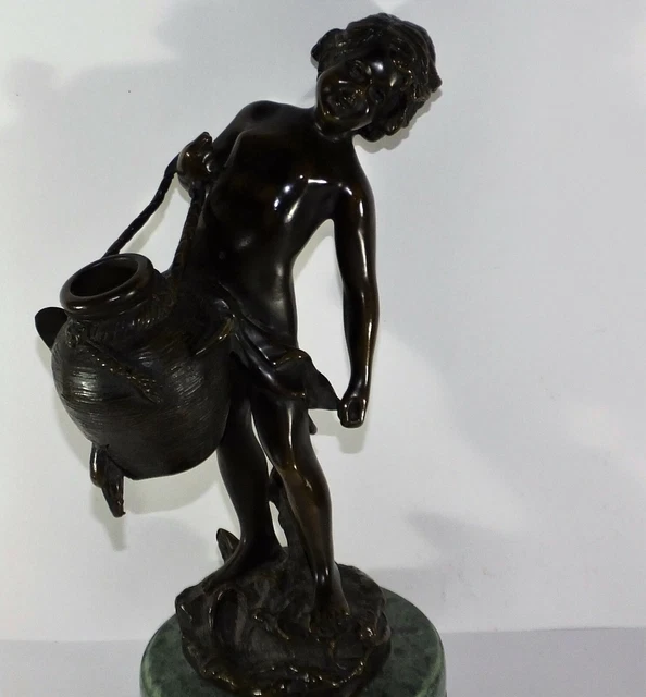 ANTIQUE/ VINTAGE BRONZE STATUE BOY Carrying Water Vessel AUGUSTE MOREAU ...