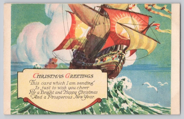 CHRISTMAS GREETINGS SAILING Ship Art Postcard $13.97 - PicClick AU