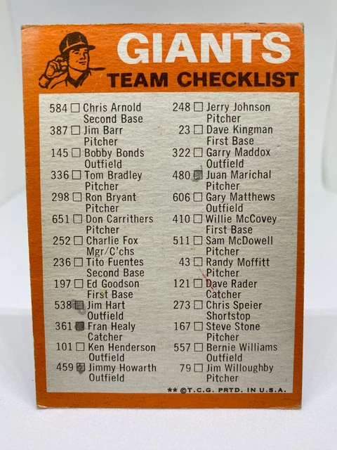 1973 TOPPS SET Break Blue Team Checklist (marqué) San Francisco Giants ...