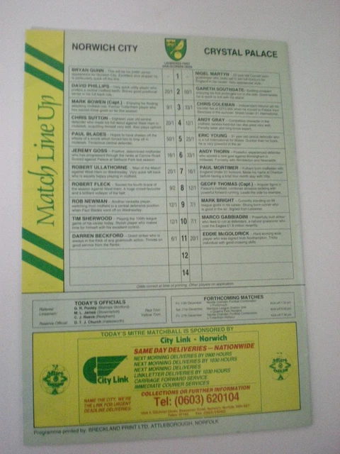 NORWICH CITY v CRYSTAL PALACE, 7th DECEMBER 1991, MINT CONDITION. £4.38 ...
