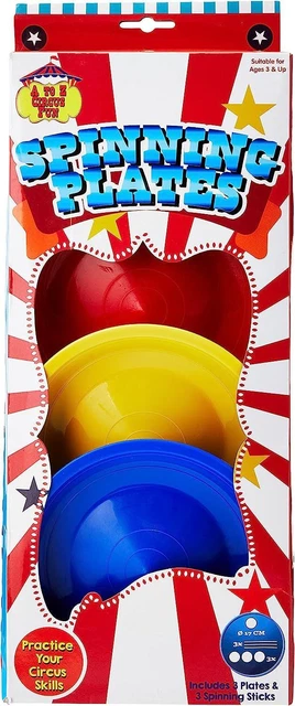 SPINNING PLATES CIRCUS Fun 3 Plates & Sticks Balance Toys Magic Clown ...