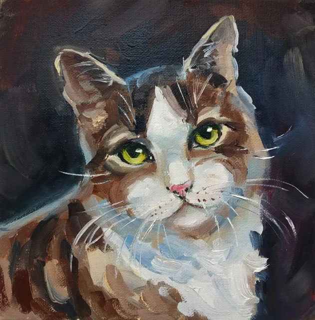 ORIGINAL OIL PAINTING on canvas Portrait of a cat Impressionism Hand ...