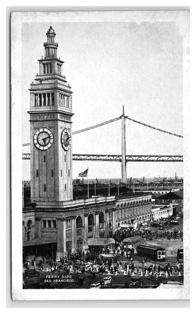POSTCARD CA FERRY Building Clock Tower Cable Car People San Francisco ...