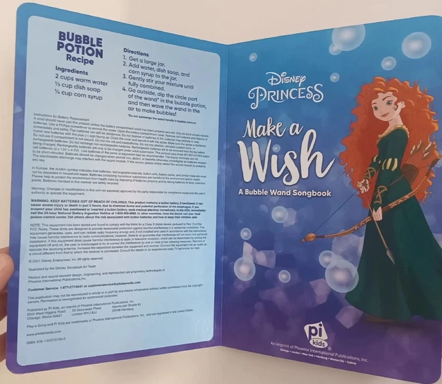 DISNEY PRINCESS MAKE A Wish Musical Bubble Wand Song Board Book Bubble ...