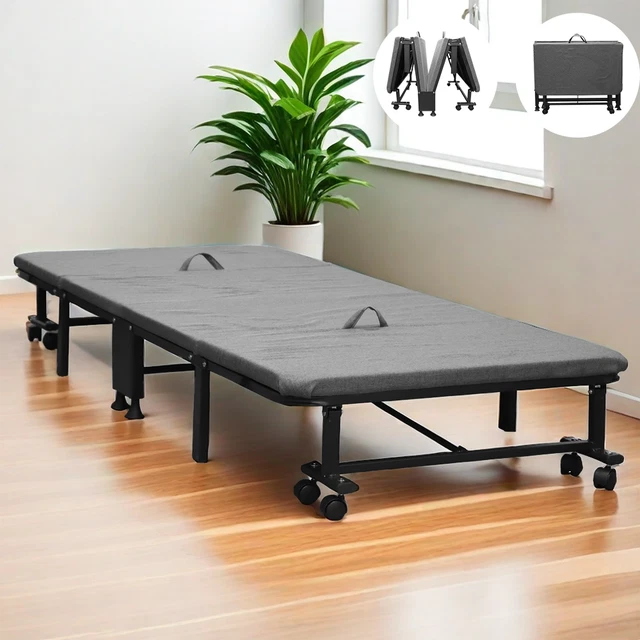 FOLDING SINGLE BED Fold Up Portable Guest Sleeper Rollaway Steel Framed ...