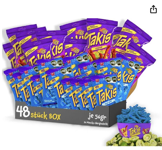TAKIS CHIPS BOX - 24x Takis Blue Heat 56g und 24x Takis Fuego 56g EUR ...