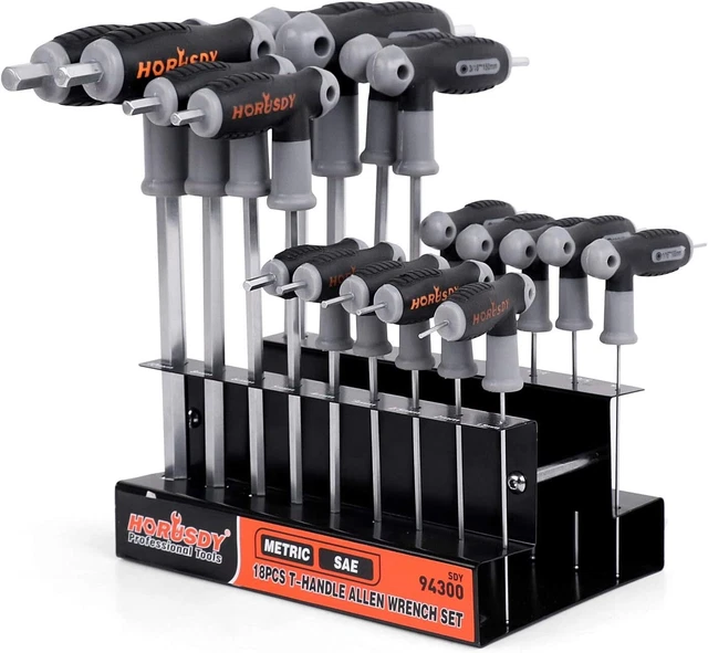HORUSDY 18-PIECE T-HANDLE Allen Key Set, Inch/Metric Long Arm Ball End ...
