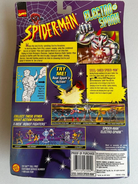 MARVEL COMICS ELECTRO-SPARK Spider-Man Steel Shock Figure (1997) Toy ...