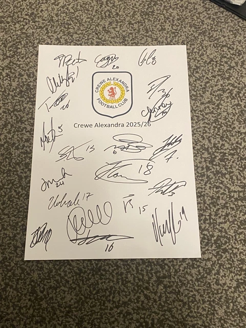 CREWE ALEXANDRA FOOTBALL Club 2025/26 A4 Signed Sheet By Thomas Sanders ...