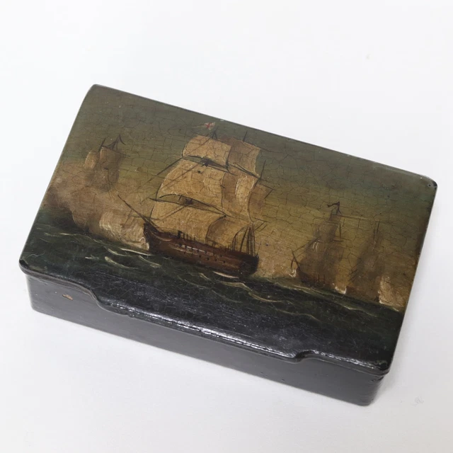 ANTIQUE VICTORIAN PAPIER Mache Snuff Box With Hand Painted Naval Battle ...