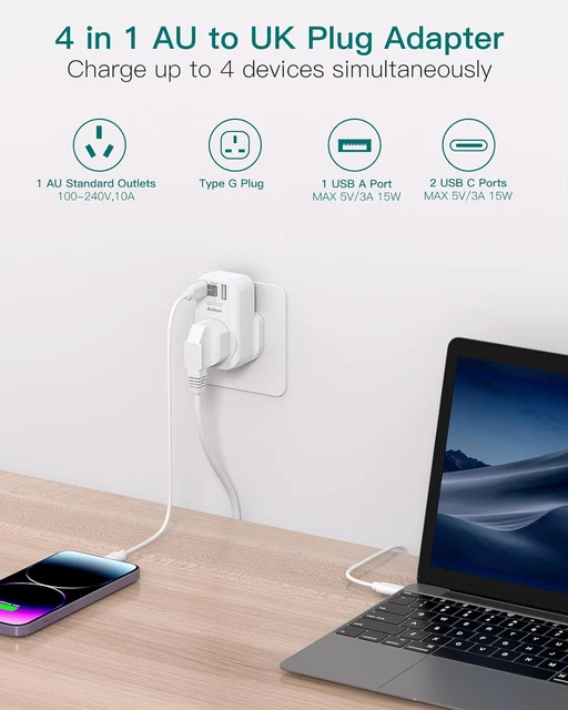 UK TRAVEL ADAPTER, AU to UK Universal Power Adapters with 3 USB Ports(2 ...