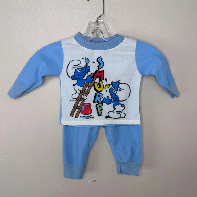 VINTAGE 1980S SMURF Pajamas Baby 12m Painter 80s 2 Piece PJ set Cartoon ...