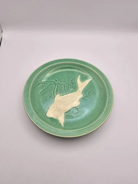 VINTAGE CHINESE CELADON Twin Fish Plate Crackle Glaze Longquan Style ...