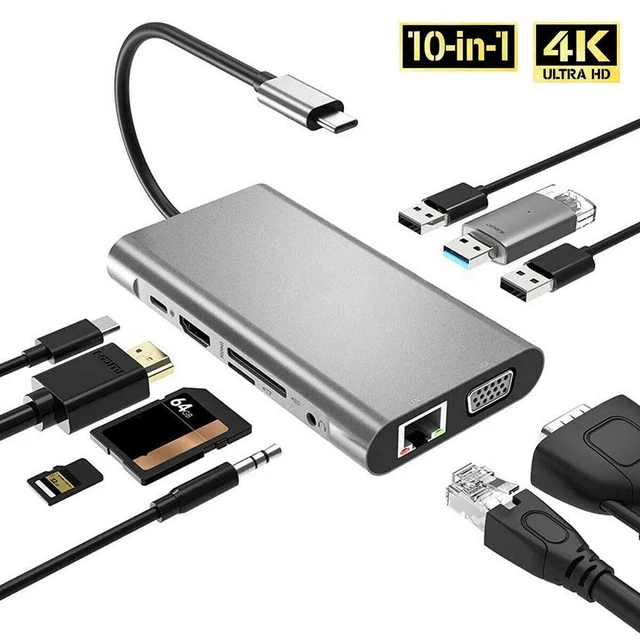 STATION VGA SD TF 4K HDMI USB Type-C HUB 10 in 1 Converter Gigabit ...