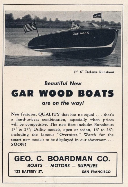 MAGAZINE AD - 1946 - Gar Wood Boats - Marysville, MI -17' 6" Runabout ...
