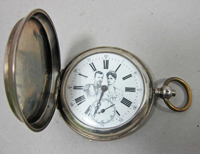 ANTIQUE RUSSIAN SILVER Imperial Award Pocket Watch Portrait of The Tsar ...